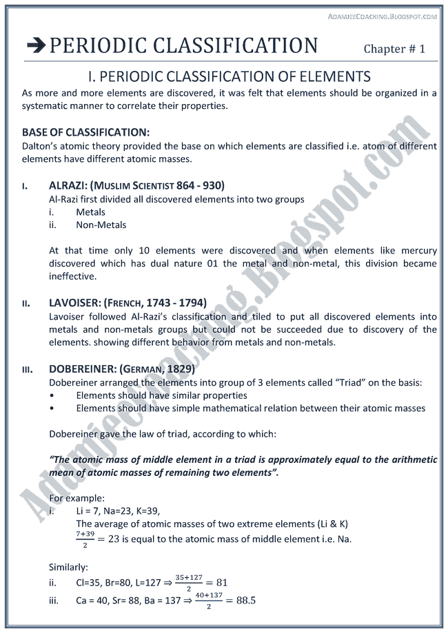 Adamjee Coaching: XII Chemistry Notes - Periodic Classification
