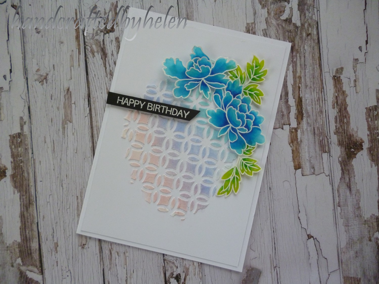 Handcrafted by Helen: Blended textured background Peony Scroll Card