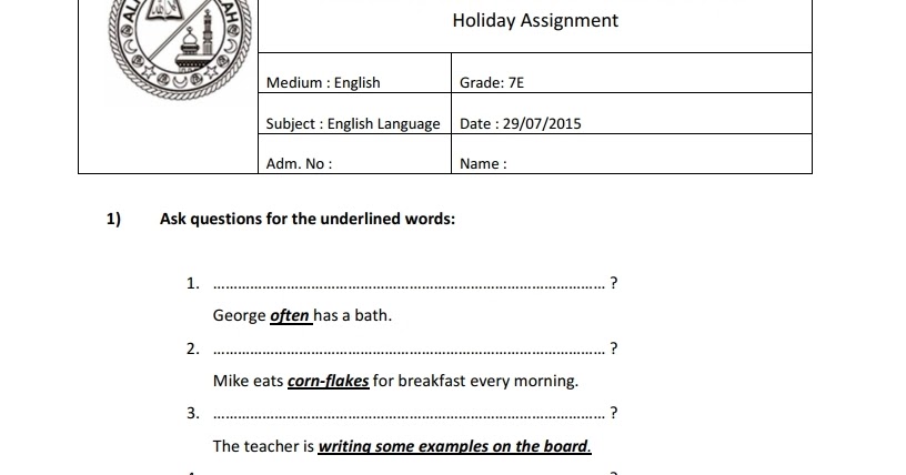 2015 Grade 7 Holiday Assignment Zahira College