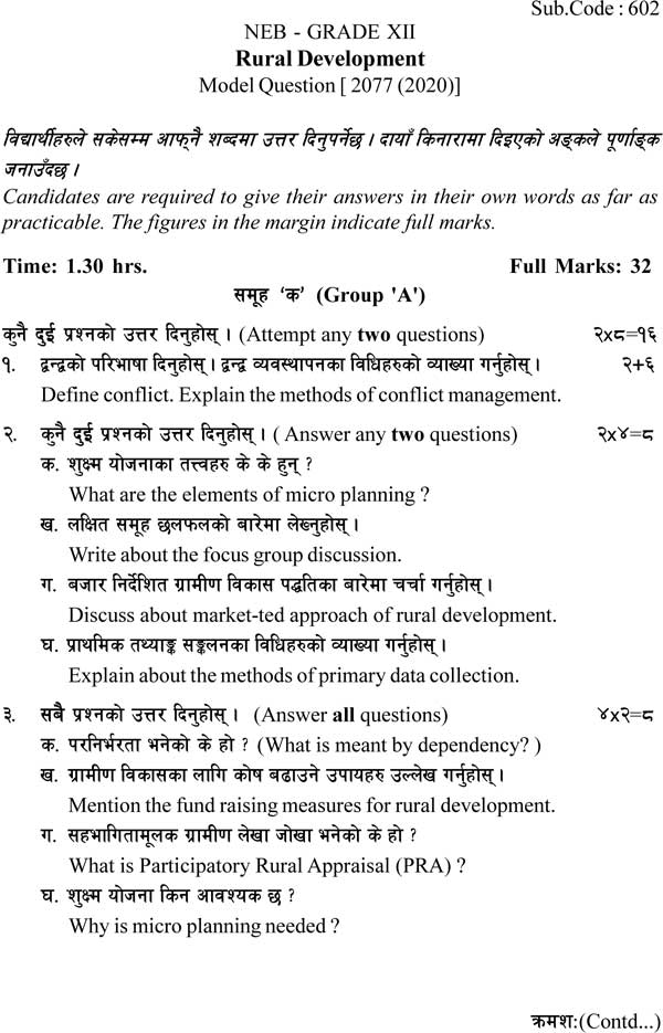 NEB Grade 12 Rural Development Model Questions