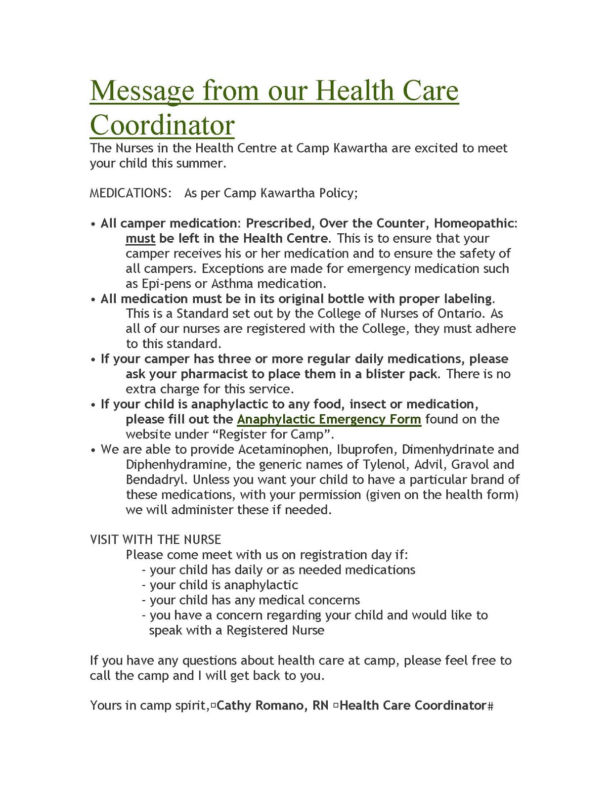 Message from our Health Care Coordinator