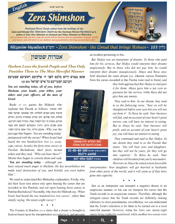 DUS IZ NIES !! Rare View...: Zera Shimshon Parshas Nitzavim-Vayelech