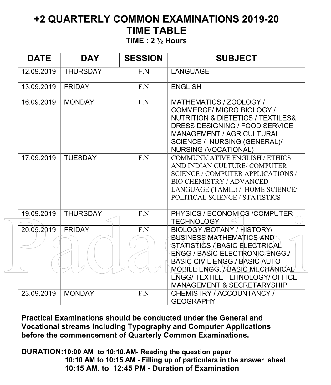 Quarterly Examination Time Table 2019 - 2020 ( Tamilnadu & Puducherry ...