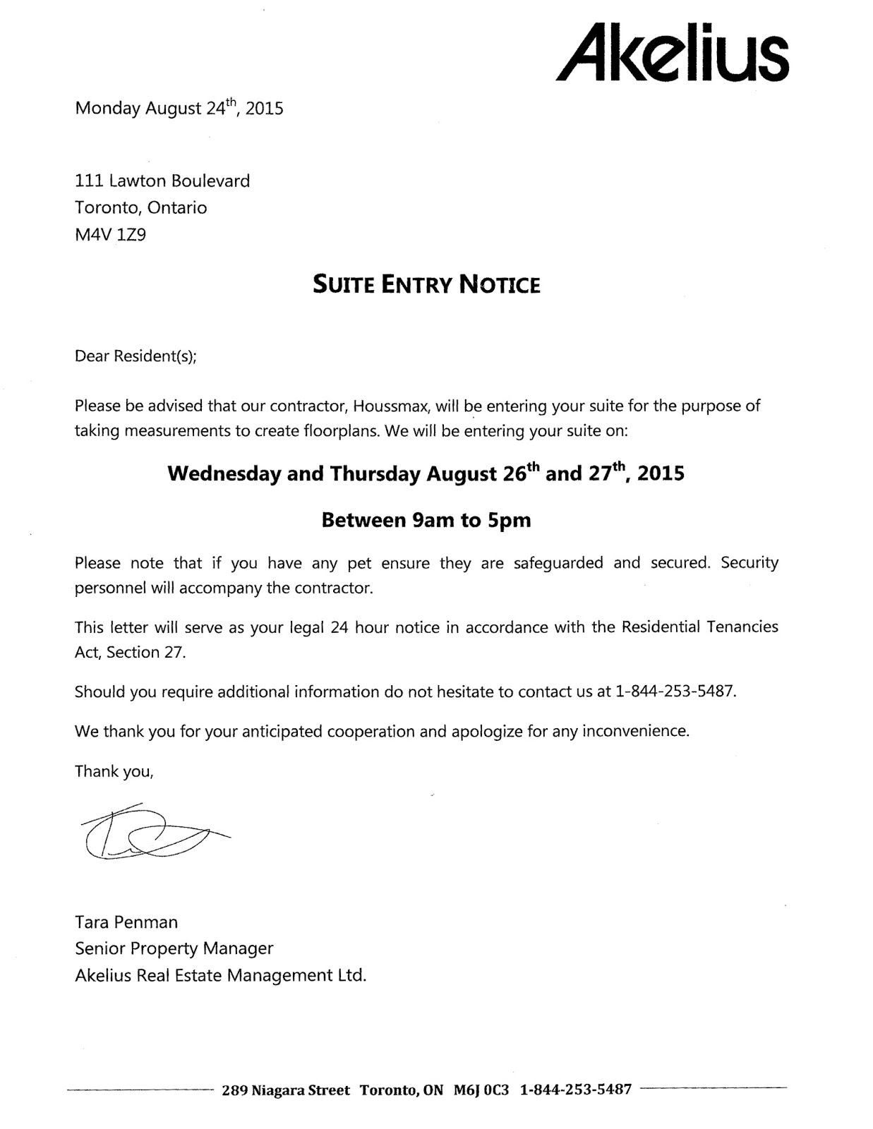 Suite Entry Notice
