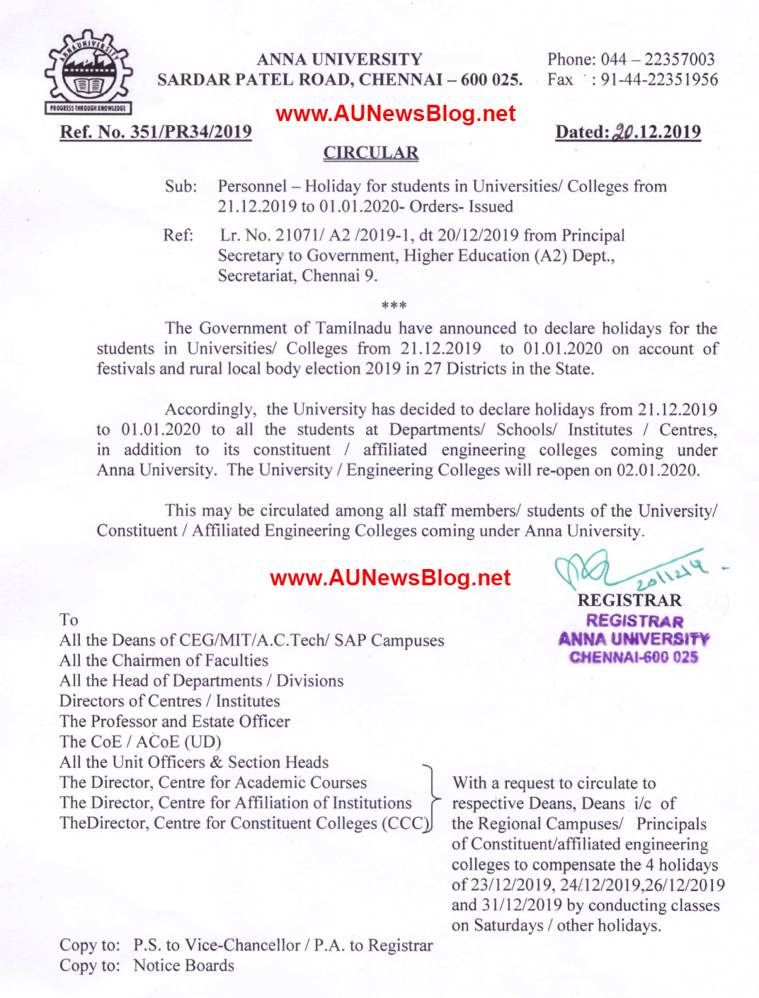 Anna University Holiday Circular for 21st Dec 2019 to 1st Jan 2020 ...