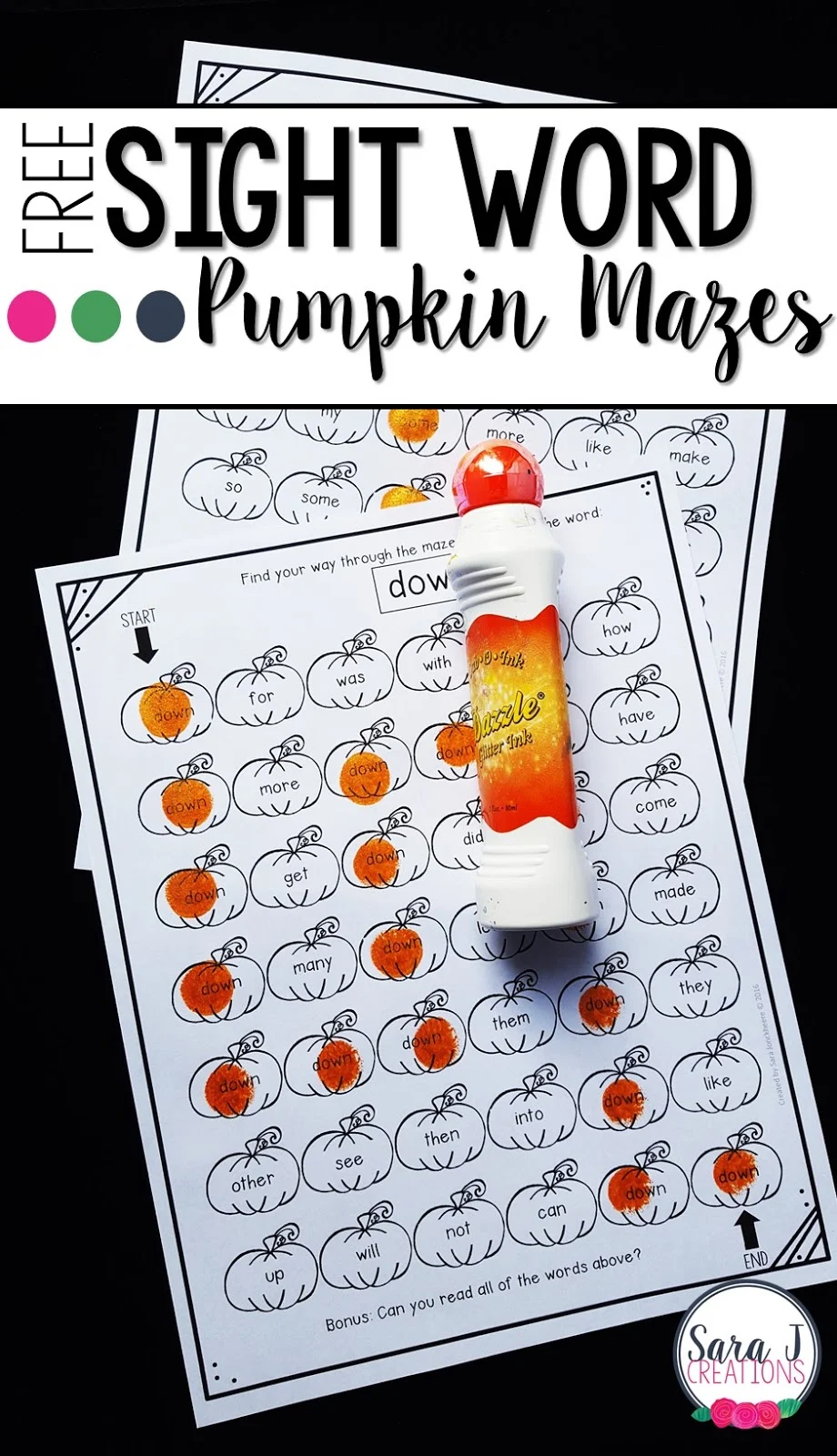 Free Sight Word Pumpkin Mazes | Sara J Creations