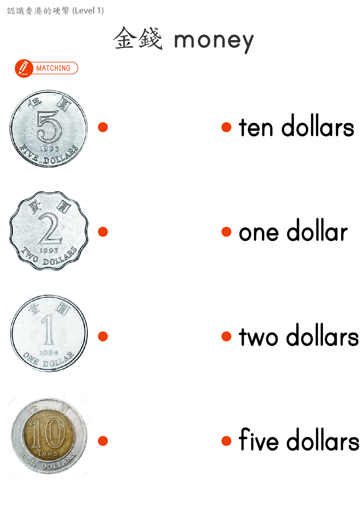 MamaLovePrint 自製工作紙 - 認識香港的錢幣 Level 1 - 認識 "元" $1, $2, $5, $10 Hong ...