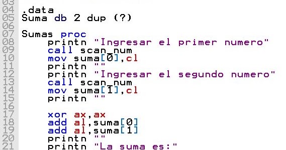 Lenguajes Y Autómatas ll: Código ensamblador: Suma de dos números