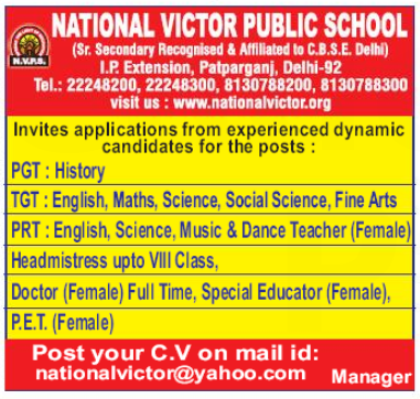 National Victor Public School New Delhi Wanted PGT plus TGT plus PRT ...