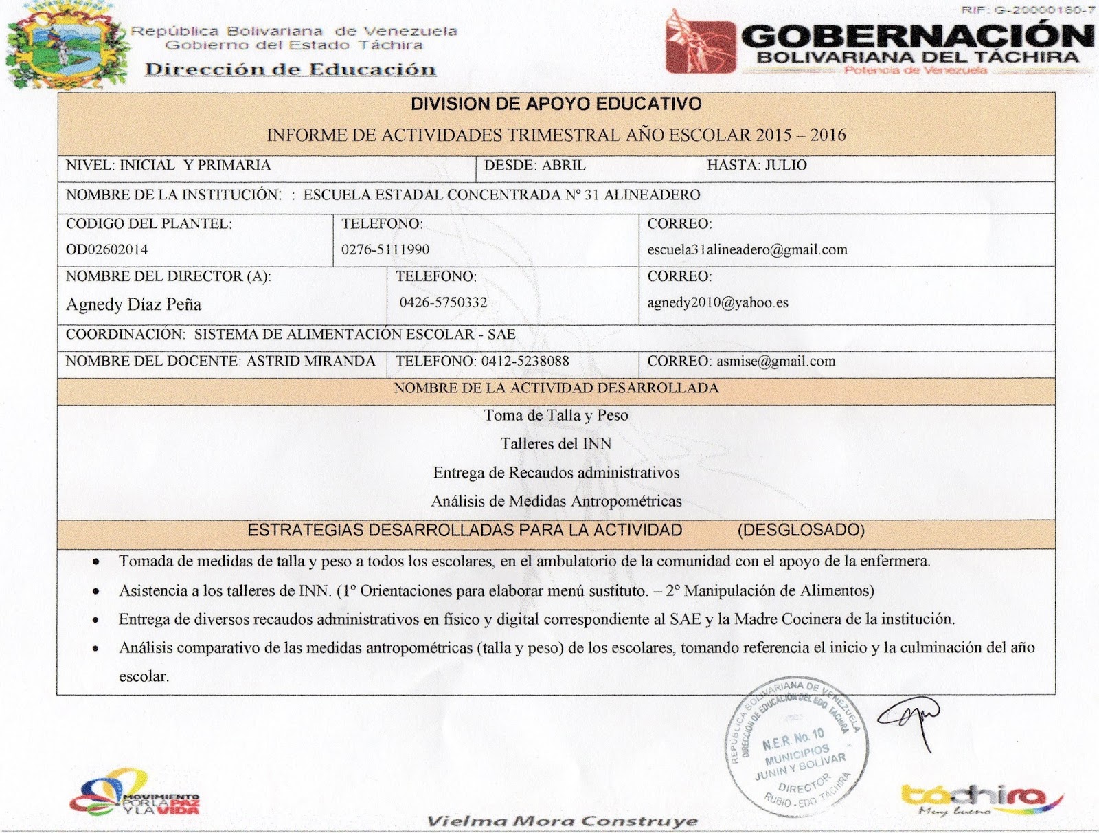 Coordinación Escuela Estadal Alineadero: III Informe SAE - Año Escolar ...