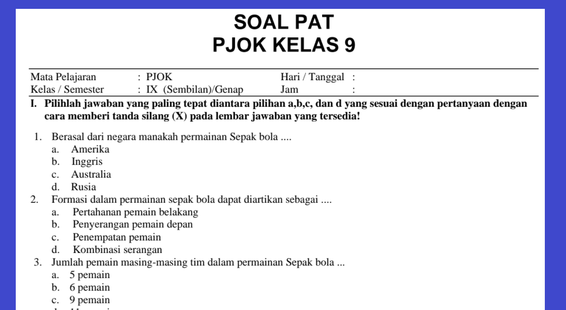 Soal PAT PJOK Kelas 9 Semester 2 Tahun 2021 - Modul Ajar Kurikulum Merdeka