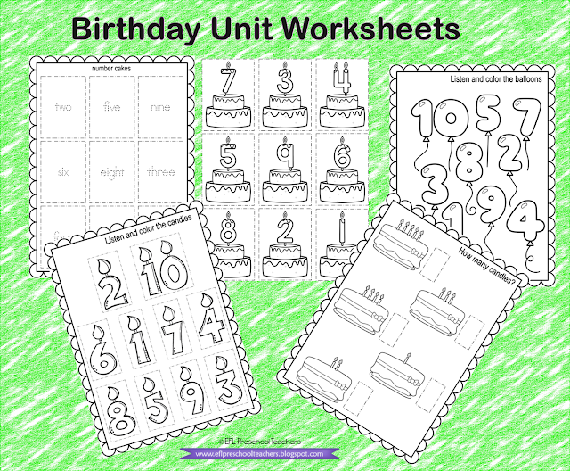 ESL/EFL Preschool Teachers: Birthday Unit Worksheets for Kindergarten ELL
