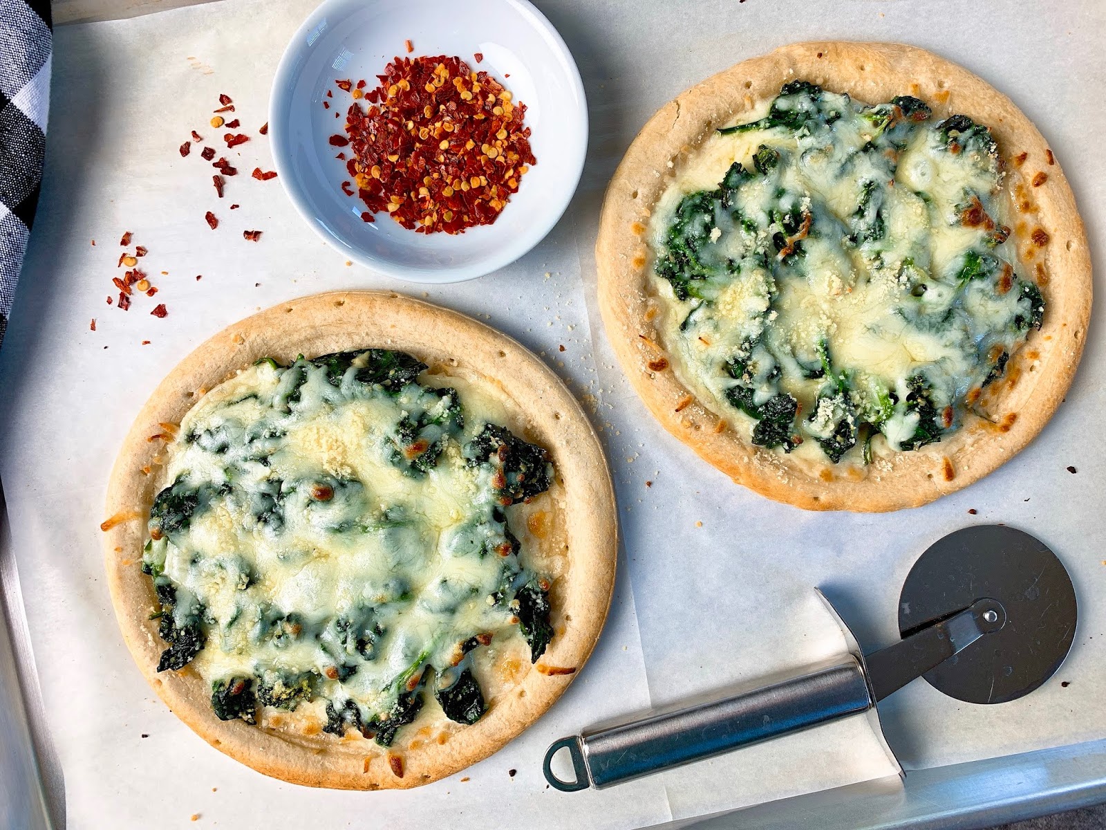 Individual White Pizzas with Garlicky Spinach