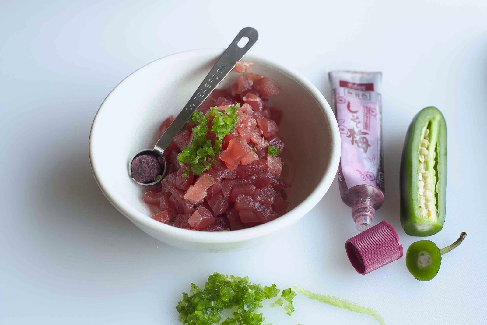 FOODjimoto: Spicy Sashimi with Umeboshi on Crispy Renkon