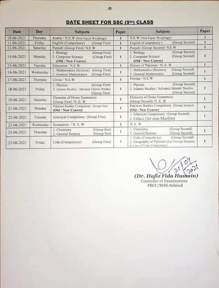 9th class date sheet