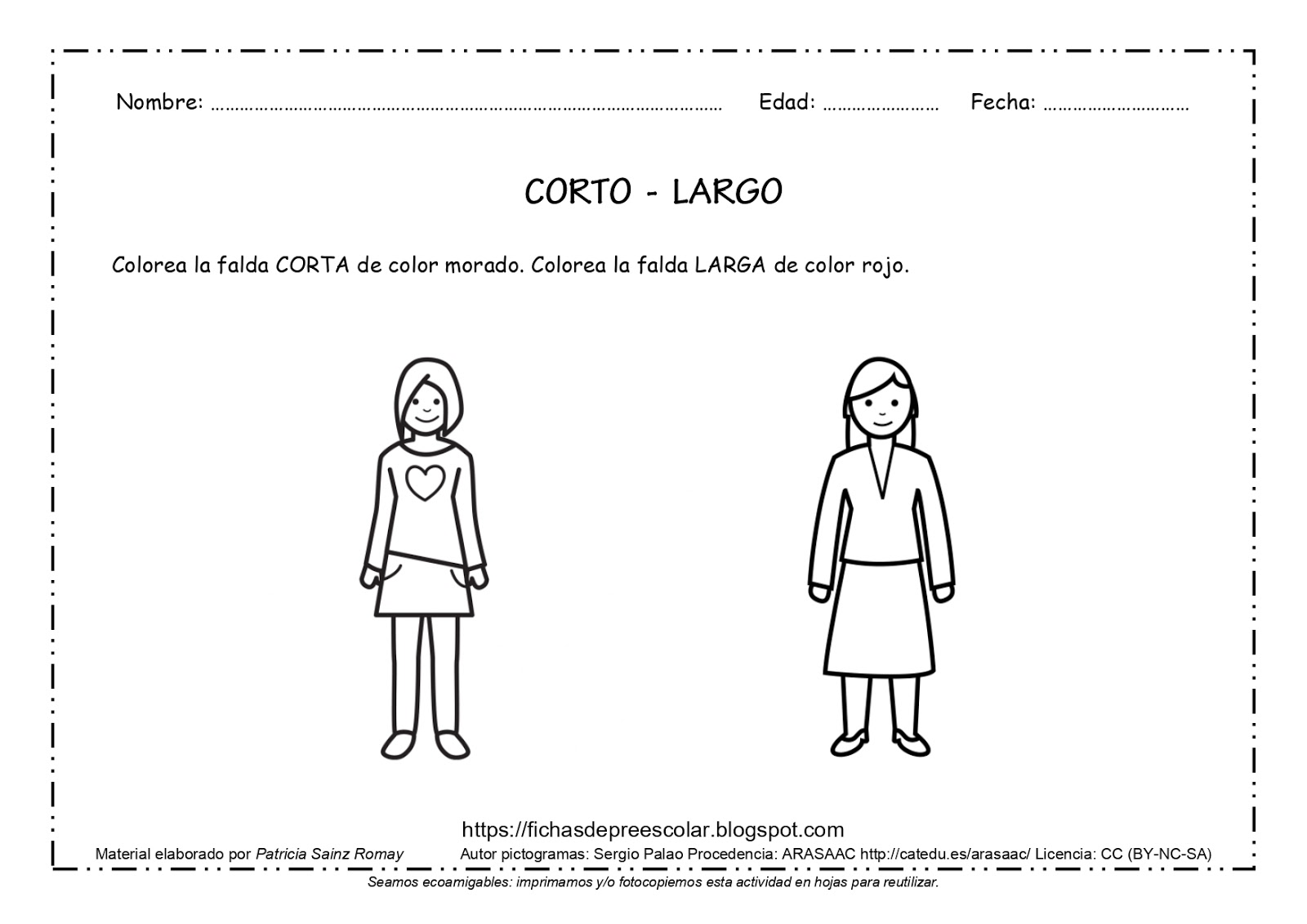 FICHAS DE EDUCACIÓN PREESCOLAR: FICHAS DE CONCEPTOS BÁSICOS: Corto y largo.