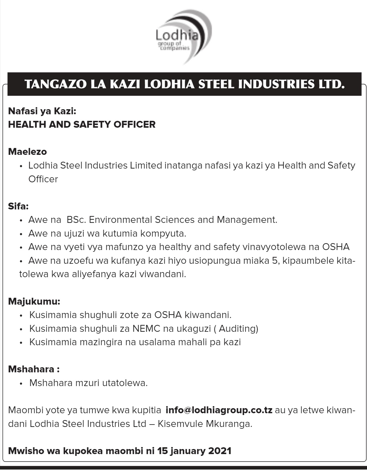 Job Opportunity At Lodhia Group Health And Safety Officer Jobs In Tanzania