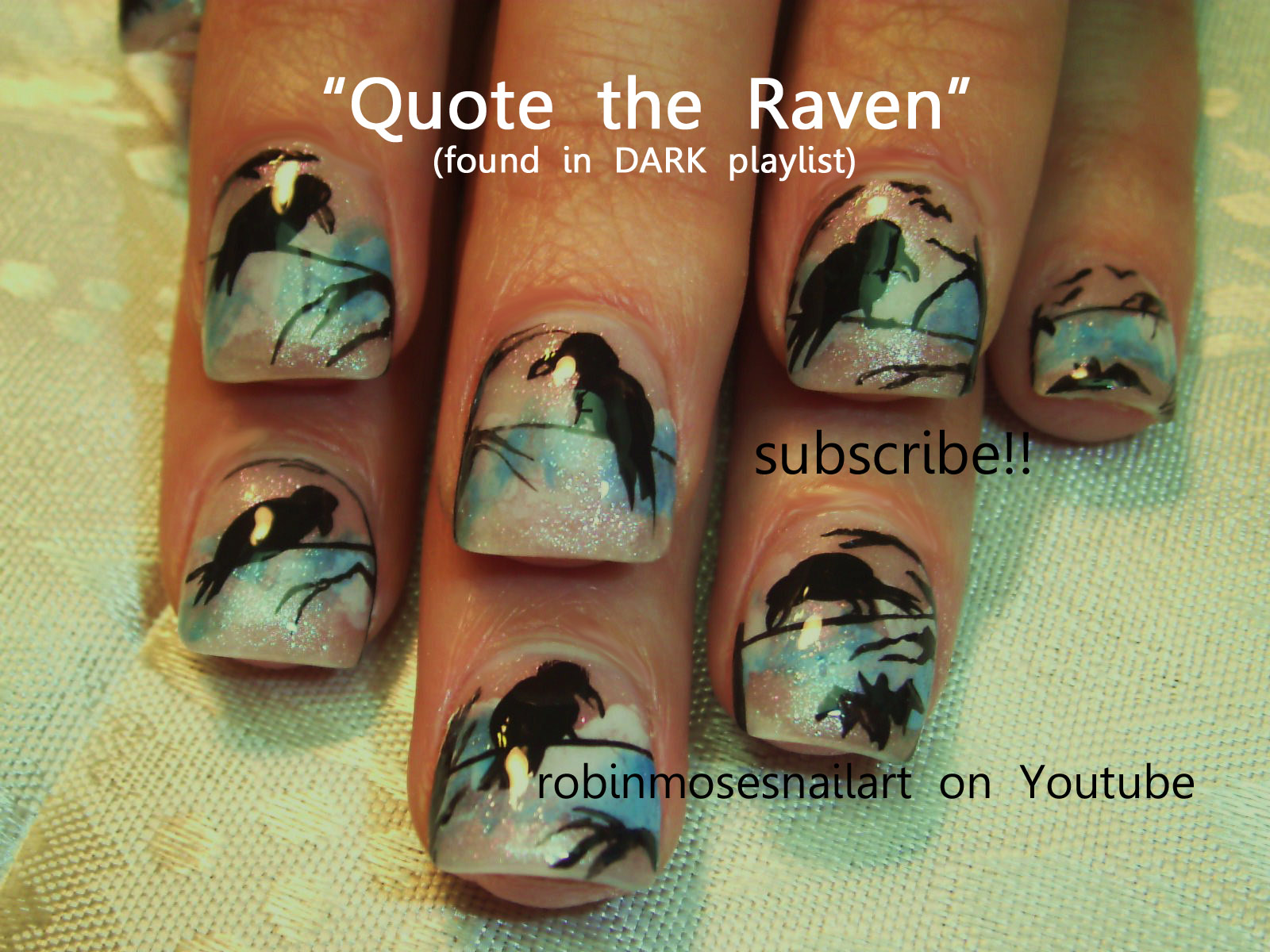 raven nail art, black bird nail art, bat nails, halloween nail art ...