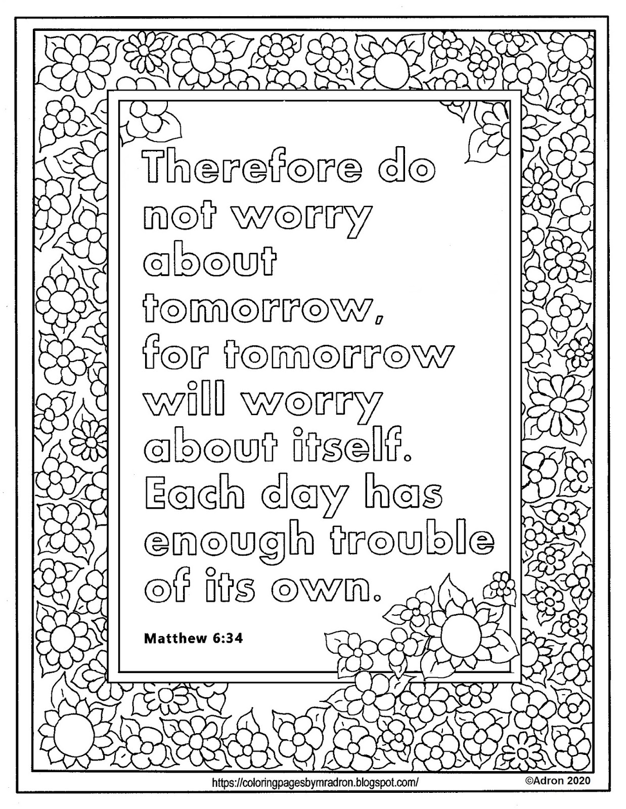 Coloring Pages for Kids by Mr. Adron: Free Matthew 6:34 Print and color ...