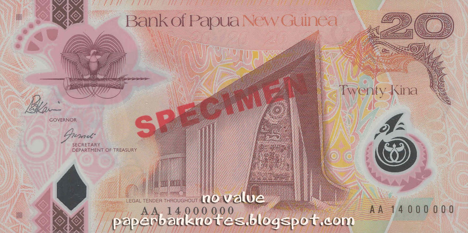 world polymer: Papua New Guinea - 20 Kina 2014 Specimen Polymer