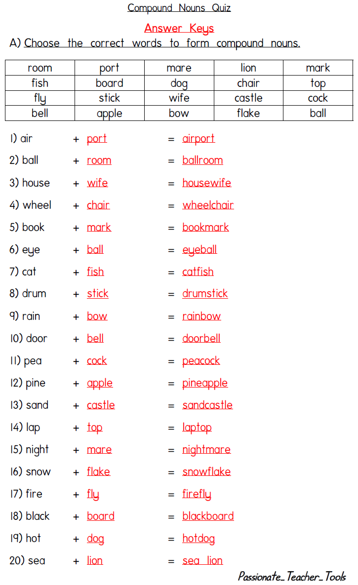 Passionate Teacher Tools: Compound Nouns Quiz 1 (With Answers)