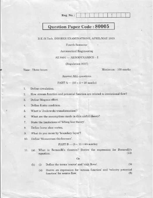 Anna University AE 8401 Aerodynamics -I April/May 2019 Question Paper ...