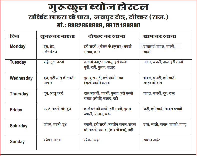 Gurukul Boy's Hostel Sikar: FACILITIES AND MESH MENU