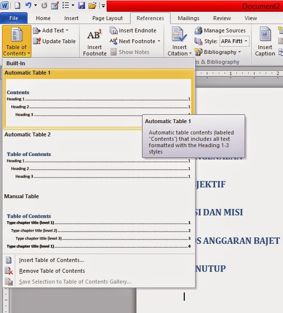 Macam mana nak buat isi kandungan atau TABLE OF CONTENTS di Microsoft word