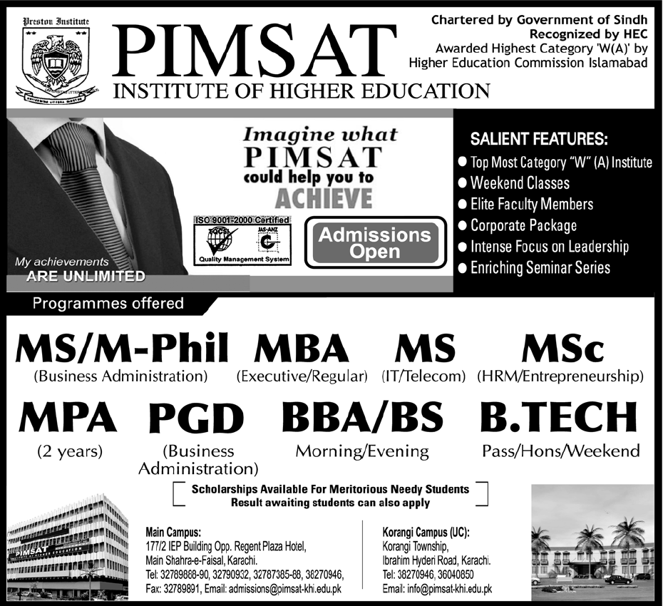 Admission in Pakistan: PIMSAT, Institute of Higher Education, Karachi ...