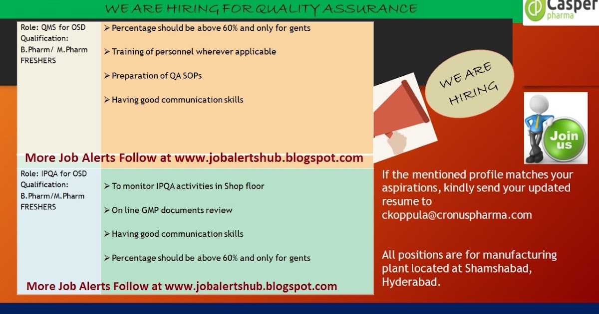 JOB ALERTS HUB: CASPER PHARMA - Hiring Freshers for QA Departments