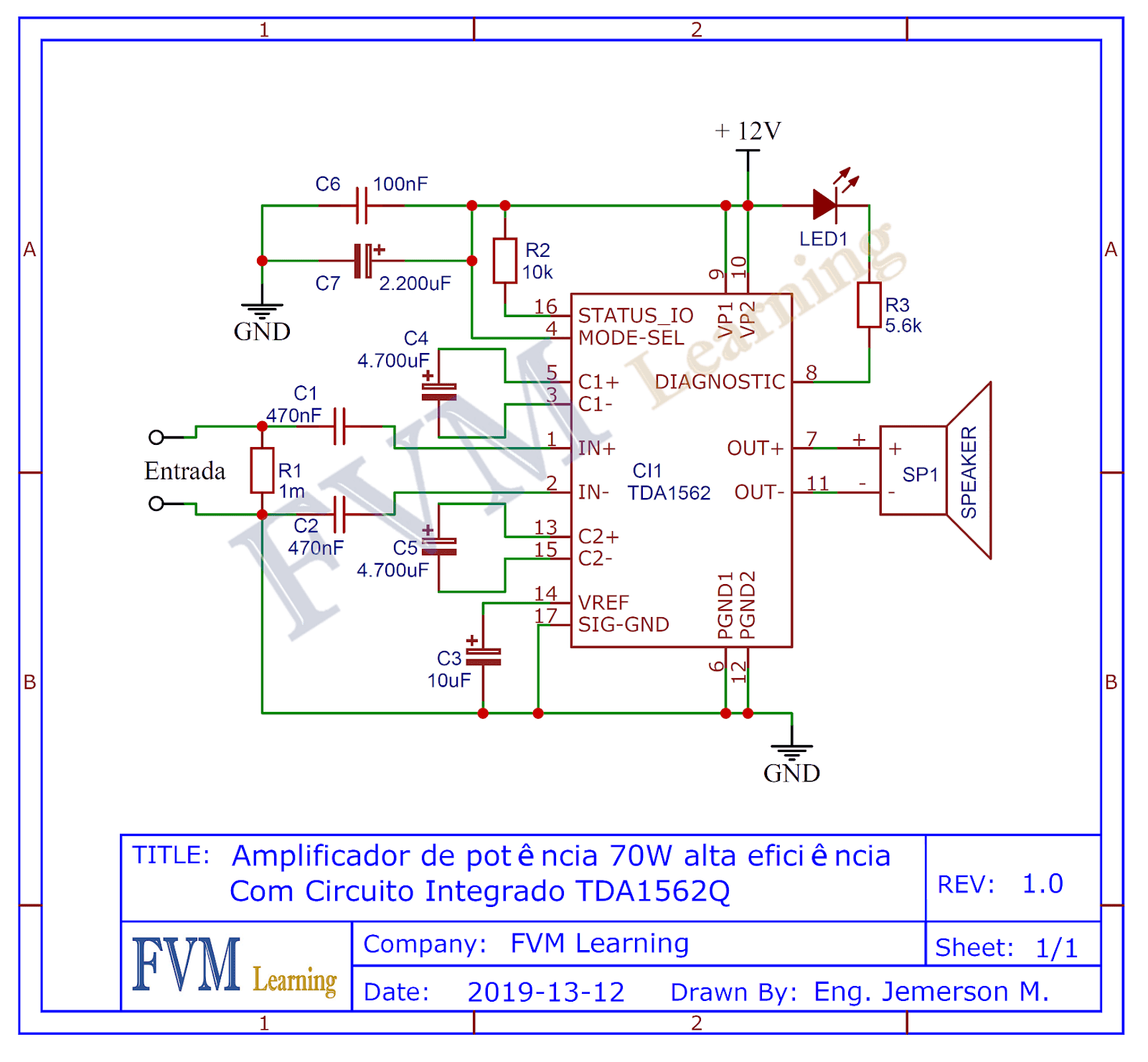 Amplificador de potência de alta eficiência 12V, 70 W com CI TDA1562Q ...