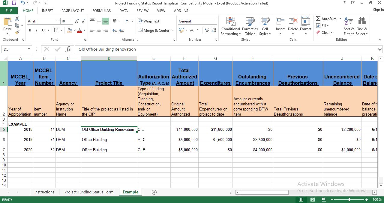 Project funding status report template excel