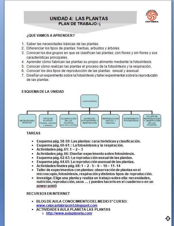 C. MEDIO 5º PRIMARIA: CIENCIAS DE LA NATURALEZA. UNIDAD 4 LAS PLANTAS