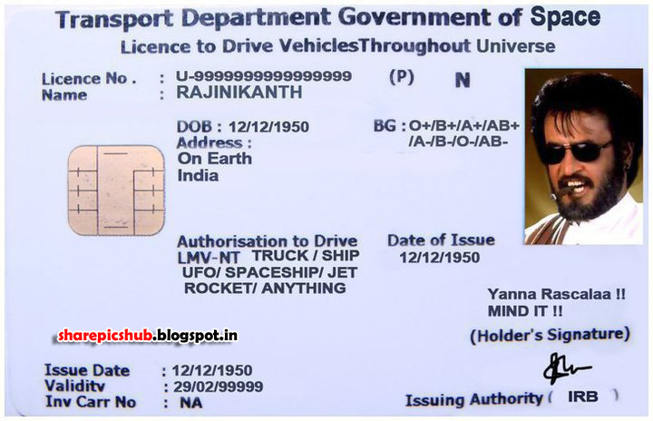 Funny Driving Licence of Rajnikanth | Funny Pics For Facebook Sharing ...