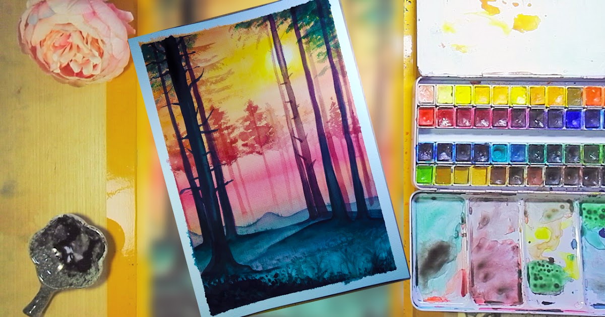 How to draw pink style forest landscape step by step tutorial for ...