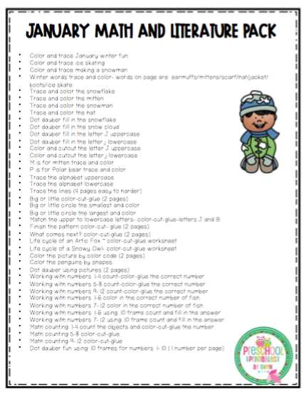 January Math and Literature Pack Preschool "No Prep" ~ Preschool Printables