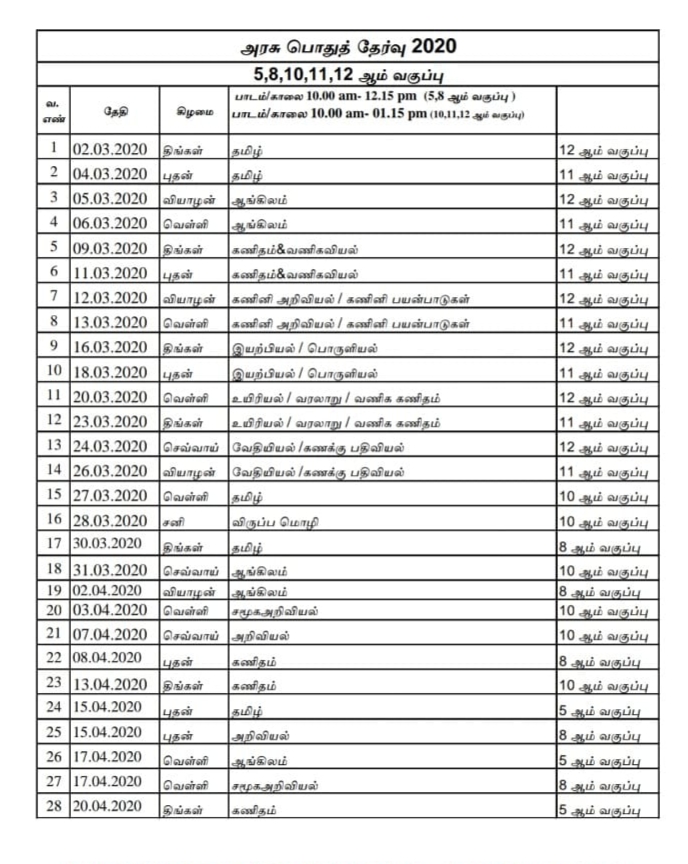 5,8,10,11,12th Public Examination 2020 Time Table in Single Page ...