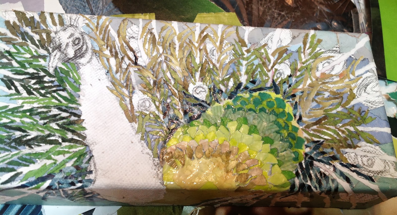 Torn Paper Art: Torn paper collage peacock in progress continued