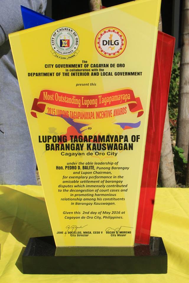 Brgy. Kauswagan Awarded as "Most Outstanding Lupong Tagapamayapa" for 6 ...