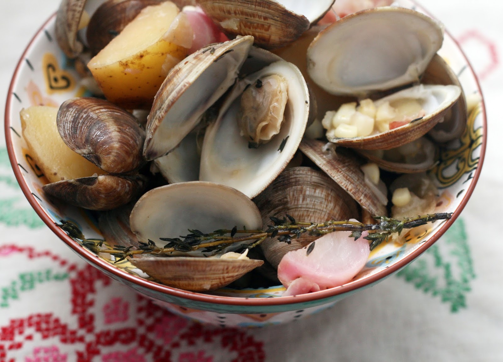 Littleneck Clams with Bacon, Radishes, Potatoes and Corn – Coconut & Lime