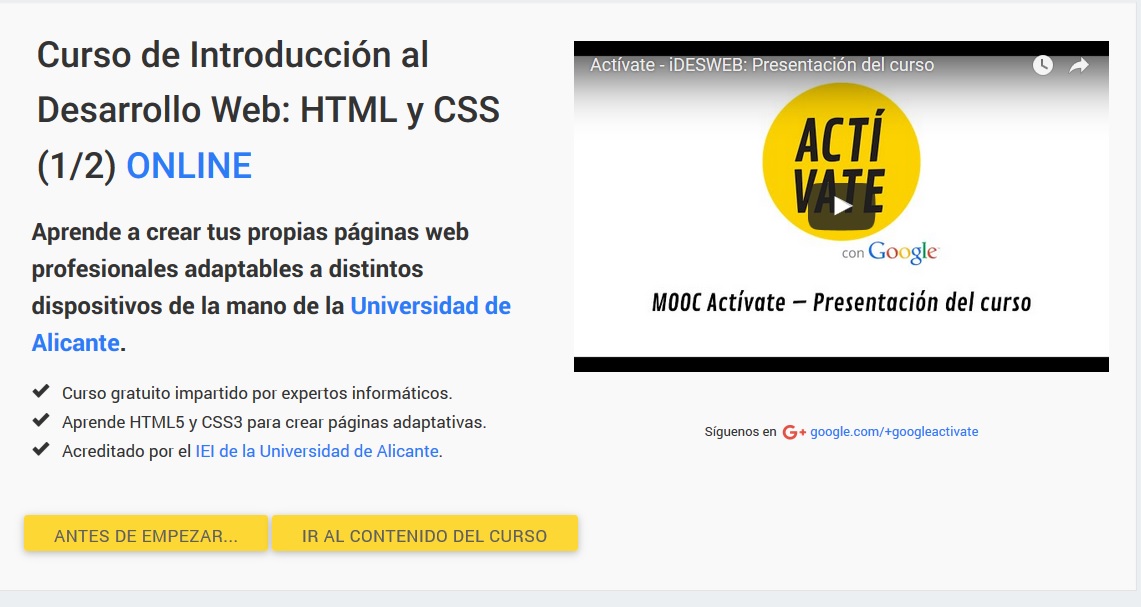 Formación gratis online: Curso de Desarrollo Web Google Activate