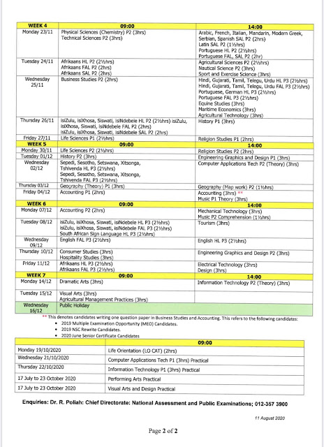 Final combined matric 2020 examination time-table