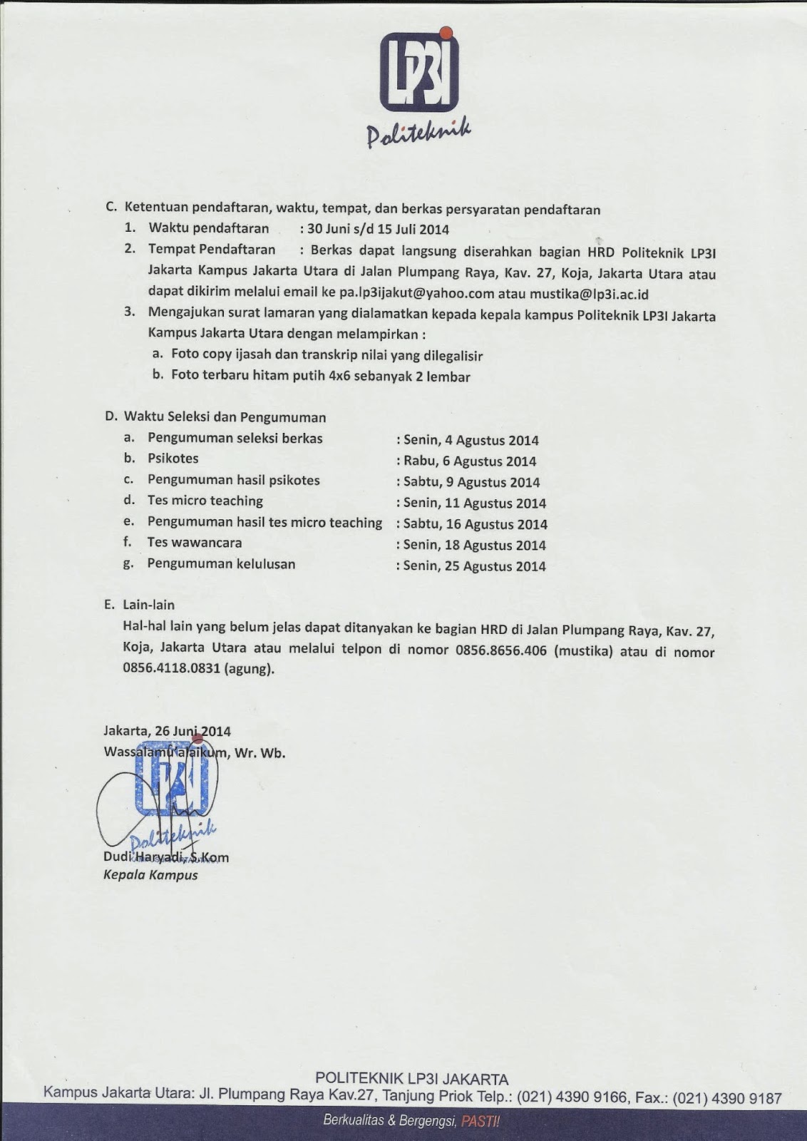 Saefullah Aldhizamy's Blog: Lowongan Kerja Dosen Tetap Politeknik LP3I ... Saefullah Aldhizamy's Blog: Lowongan Kerja Dosen Tetap Politeknik LP3I ...