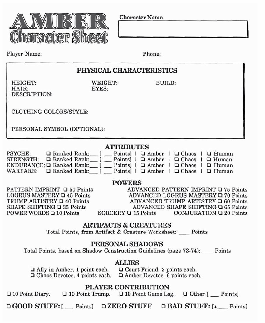 No One Understands Emo Amberite: Amber Character Sheet and other blank ...