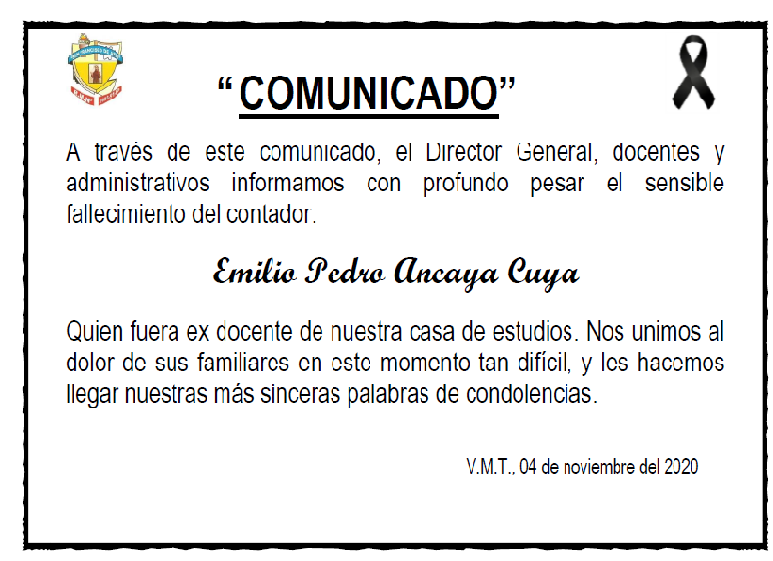 INSTITUTO SUPERIOR TECNOLÓGICO DE LIMA SUR SAN FRANCISCO DE ASÍS: COMUNICADO- SENSIBLE FALLECIMIENTO