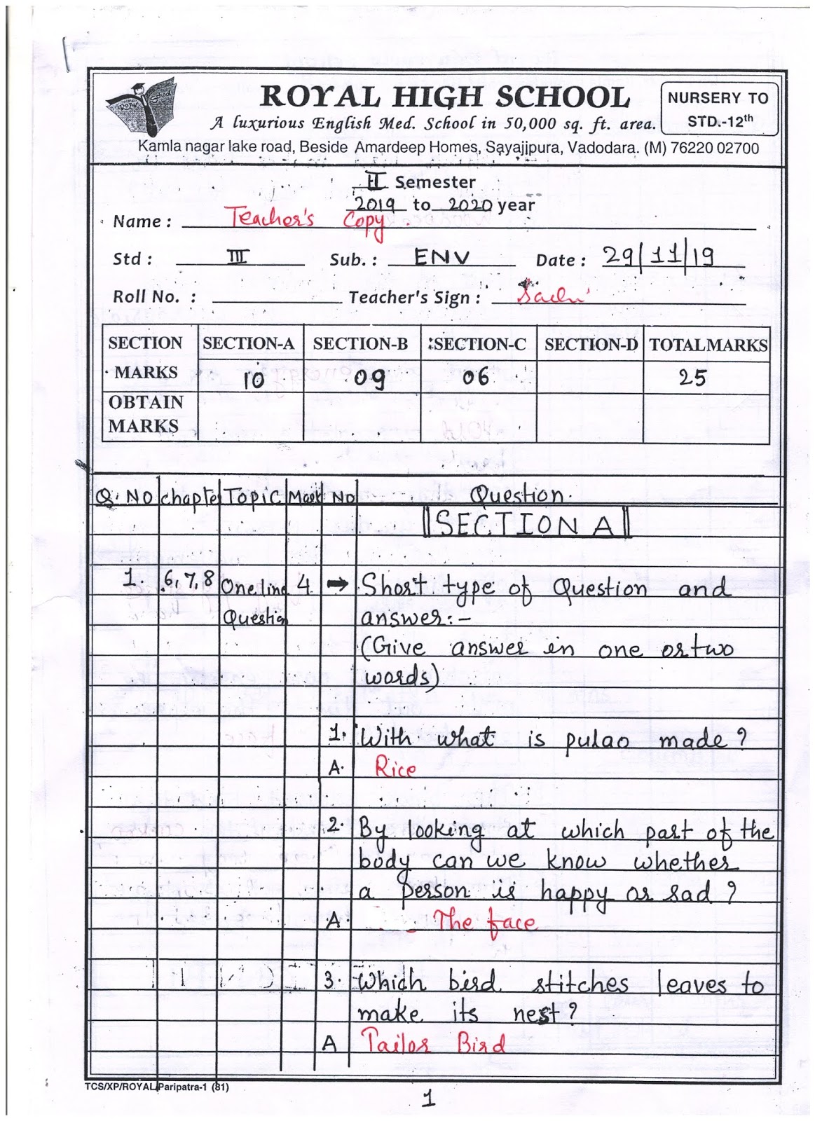 3rd STD. Unit Test Paper- ENV.