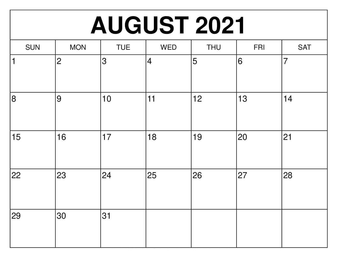 August 2021 Calendar Excel