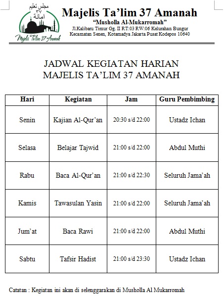 Jadwal Kegiatan Majelis Ta'lim 37 Amanah