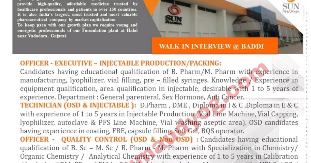 Sun Pharma | Walk-in interview for Production- QC | 14 July 2019 | Baddi