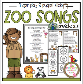 Zoo Songs and Finger Play plus Puppet Sticks ~ Preschool Printables